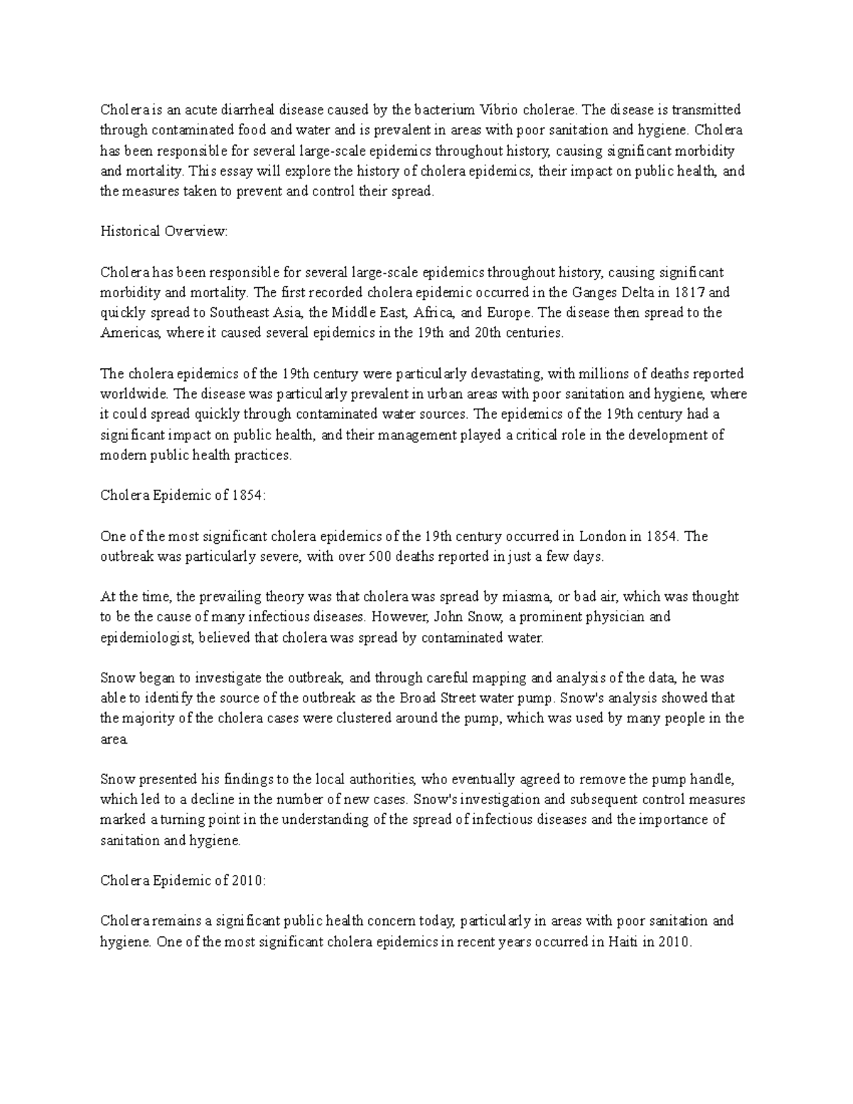 The Cholera Epidemic - Essay - Cholera is an acute diarrheal disease ...