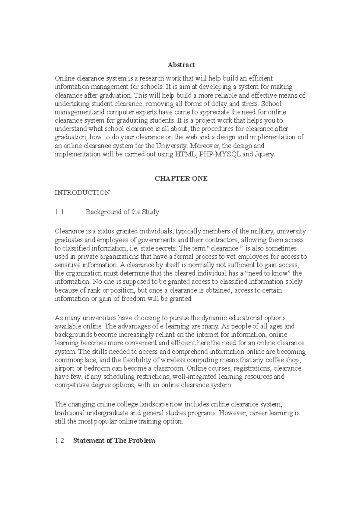 Abstract - Abstract Online clearance system is a research work that ...