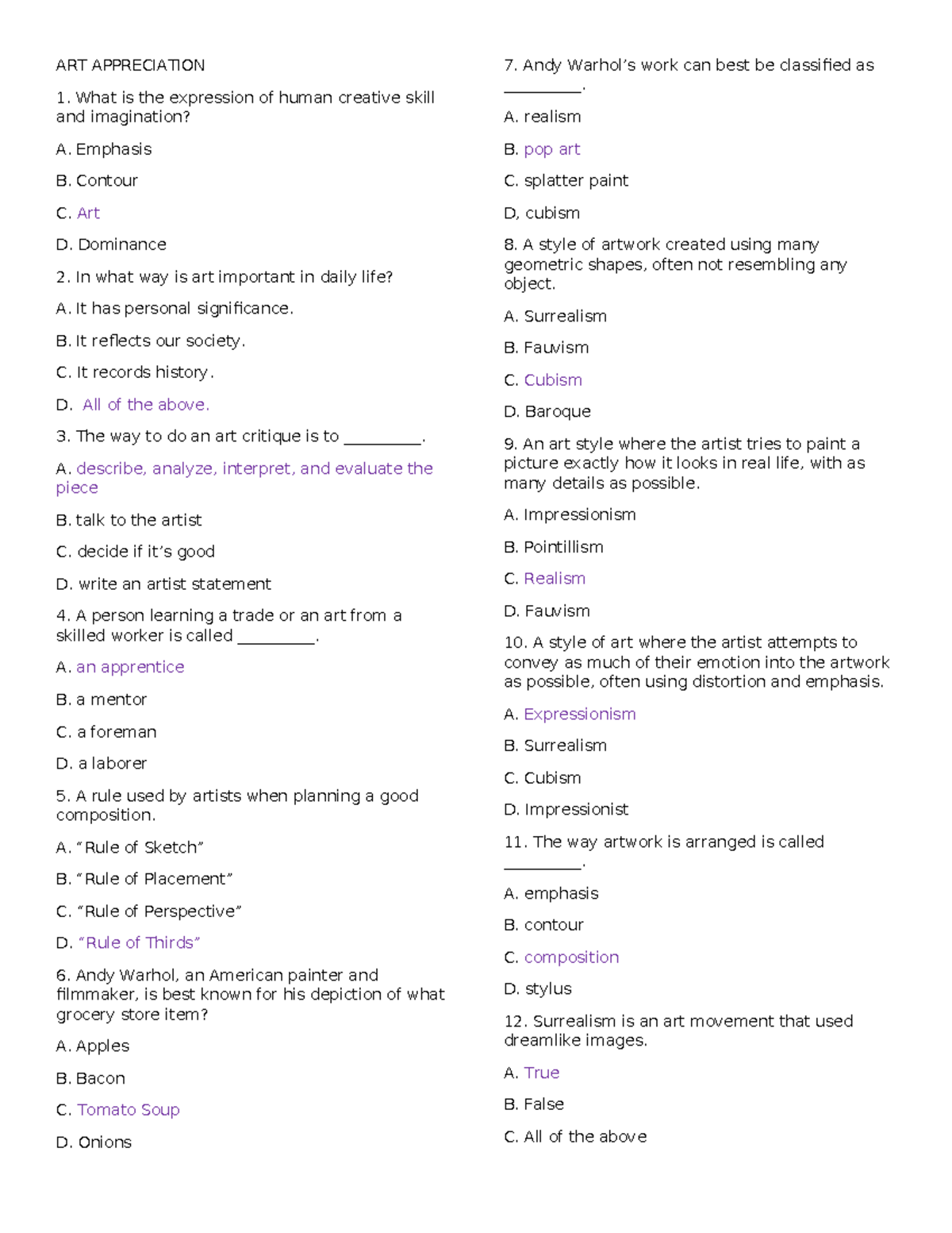 630592932 ART Appreciation Let reviewer - ART APPRECIATION What is the ...