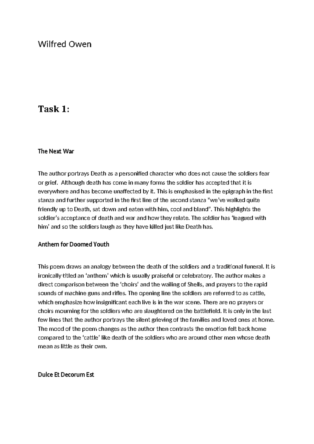 English Standard Notes - Wilfred Owen - Wilfred Owen Task 1: The Next ...