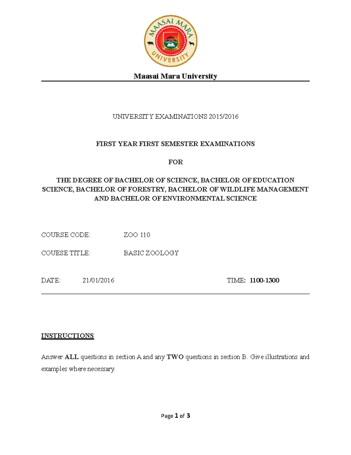 ZOO110E - notes - Maasai Mara University UNIVERSITY EXAMINATIONS 2015 ...