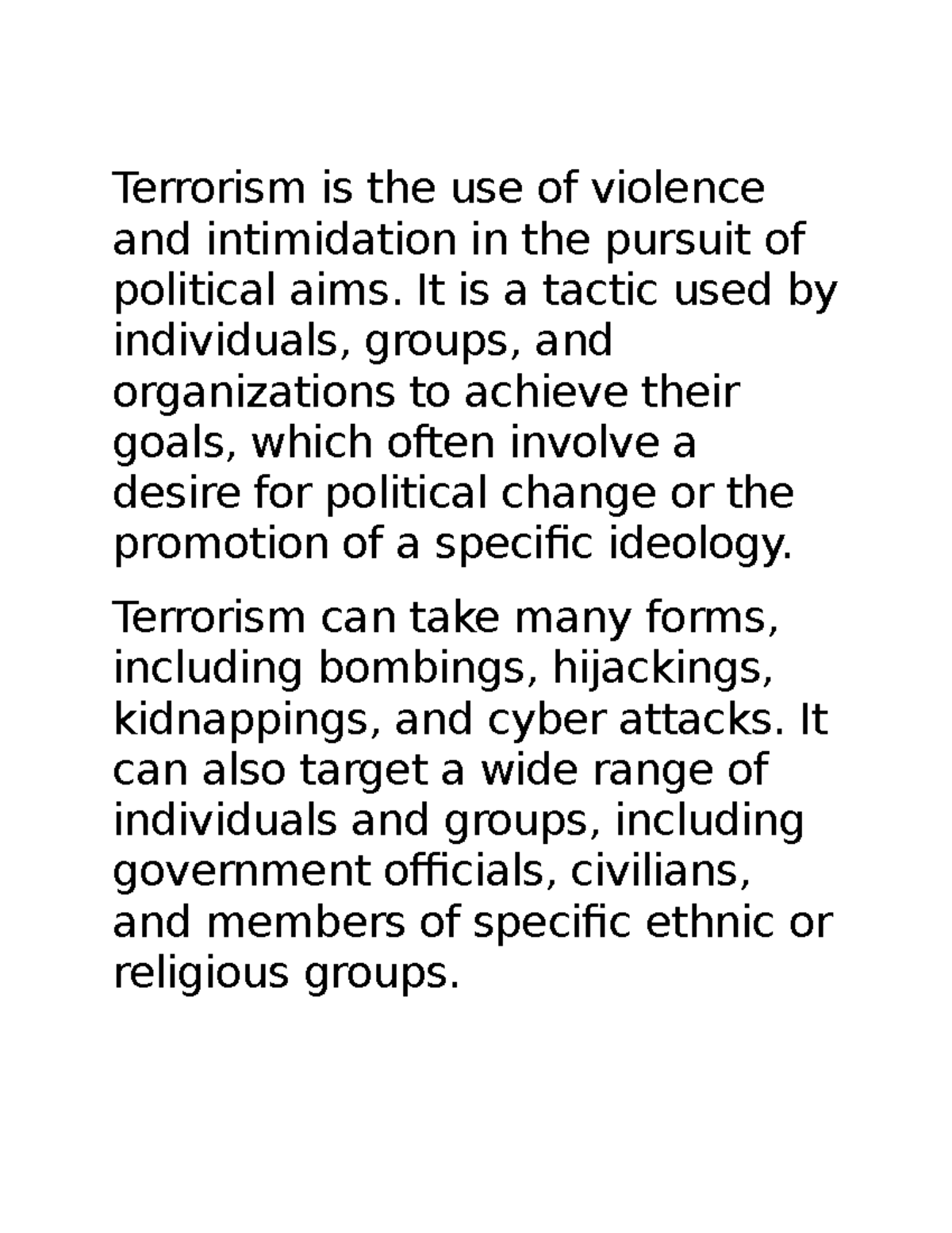 Terrorism - paper - Terrorism is the use of violence and intimidation ...
