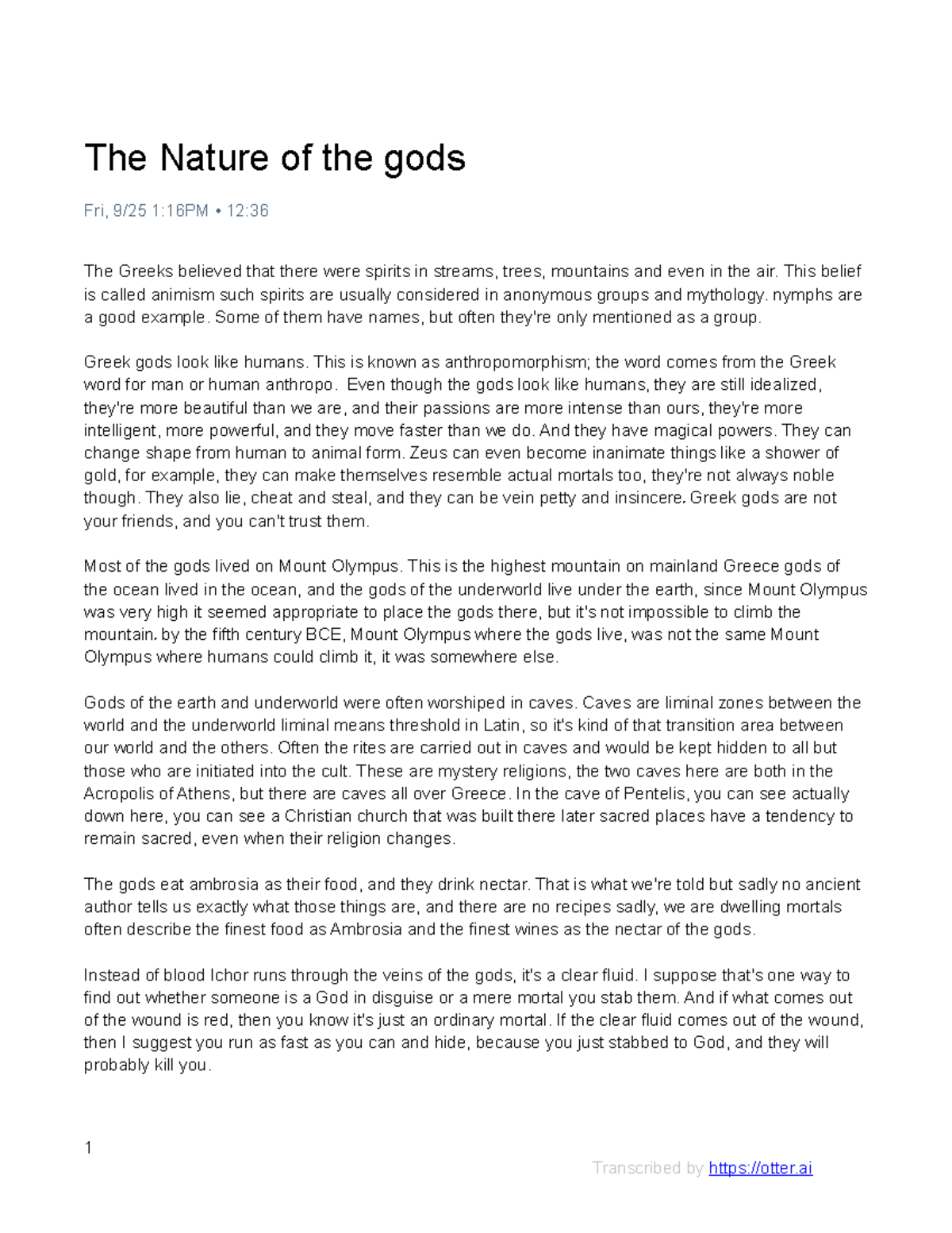 Week 2 - Lecture notes week 2 - The Nature of the gods Fri, 9/25 1:16PM ...