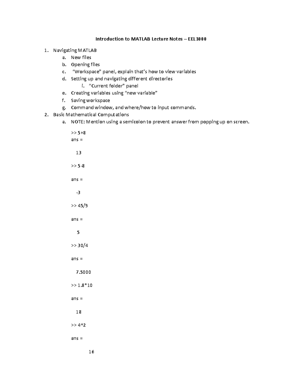 Introduction to Matlab Lecture Notes - Introduction to MATLAB Lecture ...