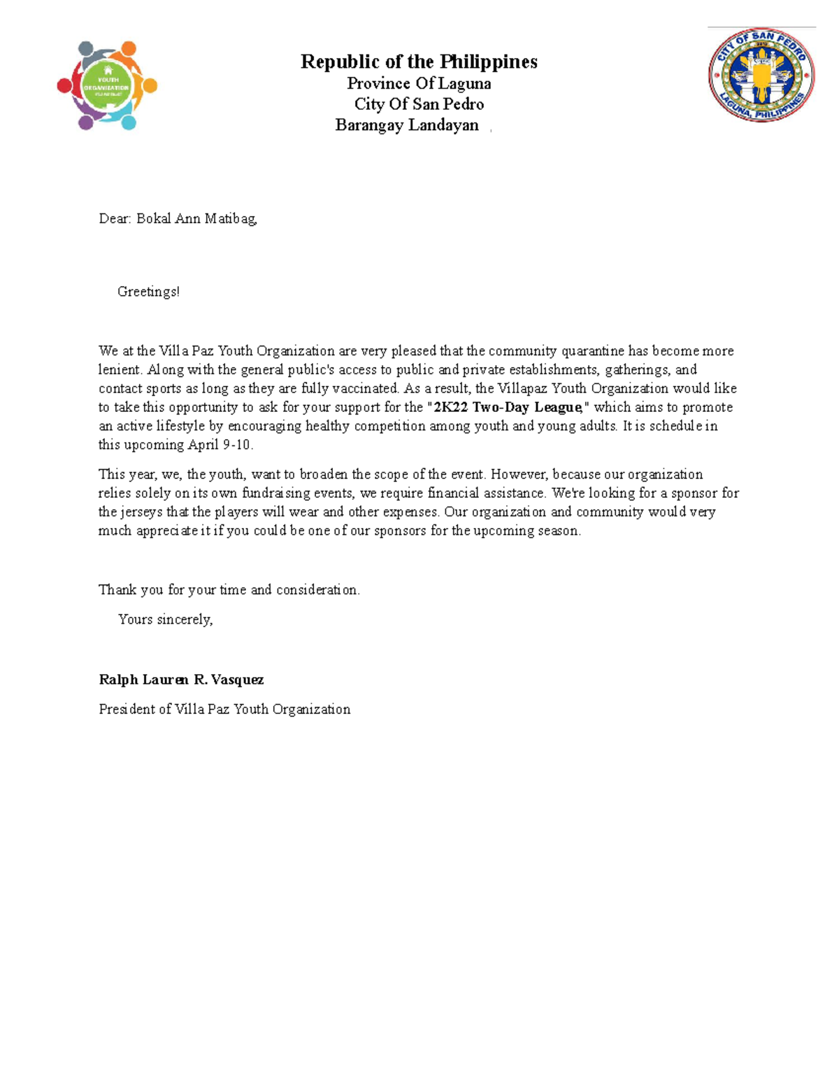 Request-Letter Congresswoman - Province Of Laguna City Of San Pedro ...