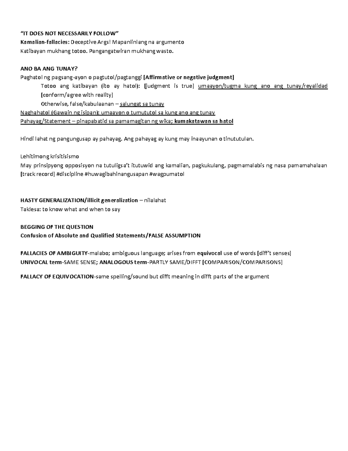 Logic Lecture Notes 2 It Does Not Necessarily Follow” Kamalian Fallacies Deceptive Args