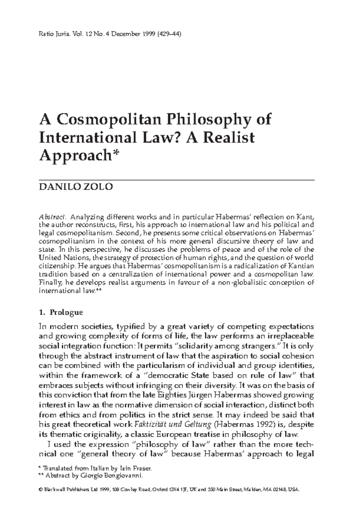 Zolo A realistic approach - A Cosmopolitan Philosophy of International ...
