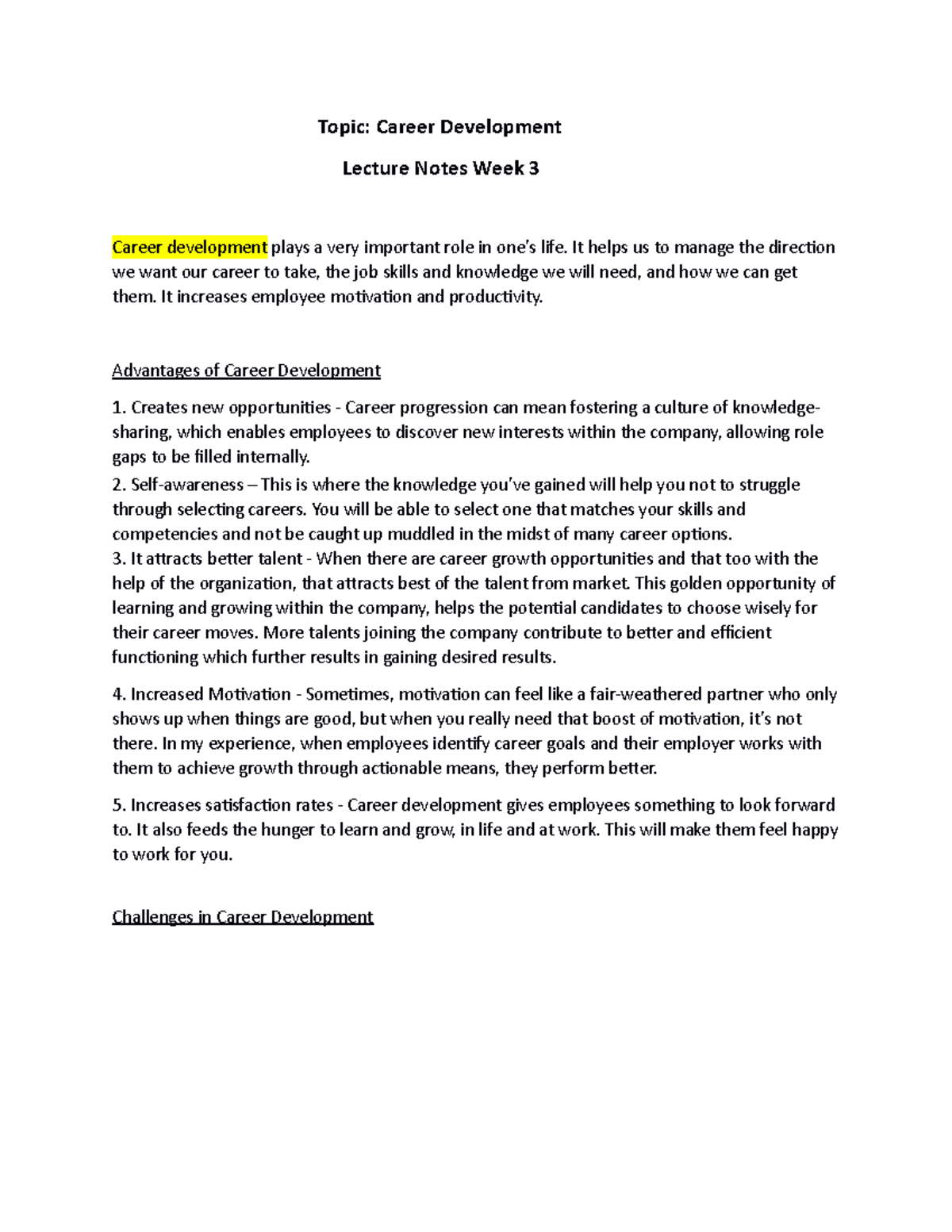Career Development - Topic: Career Development Lecture Notes Week 3 ...