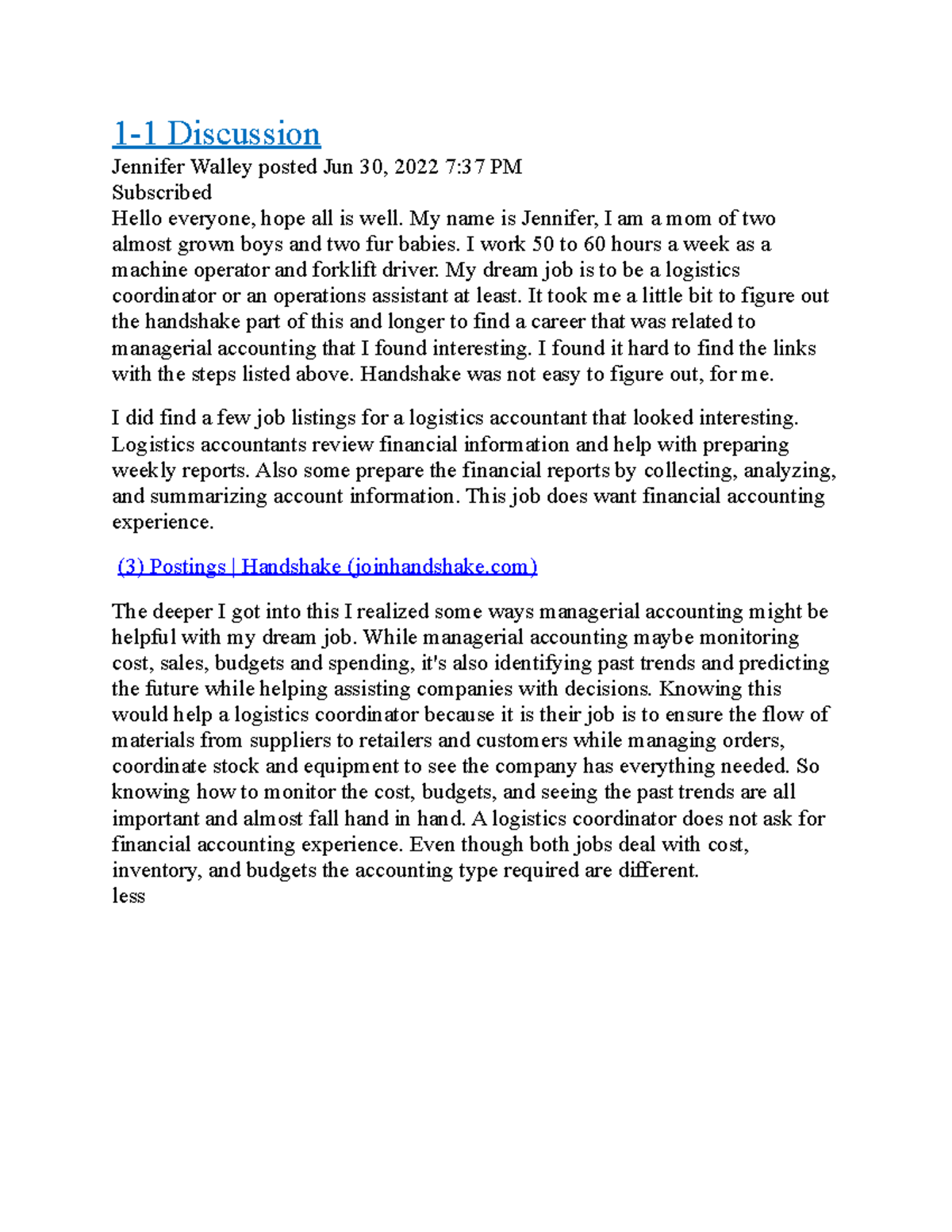 1-1 - Disscussion points - 1-1 Discussion Jennifer Walley posted Jun 30 ...