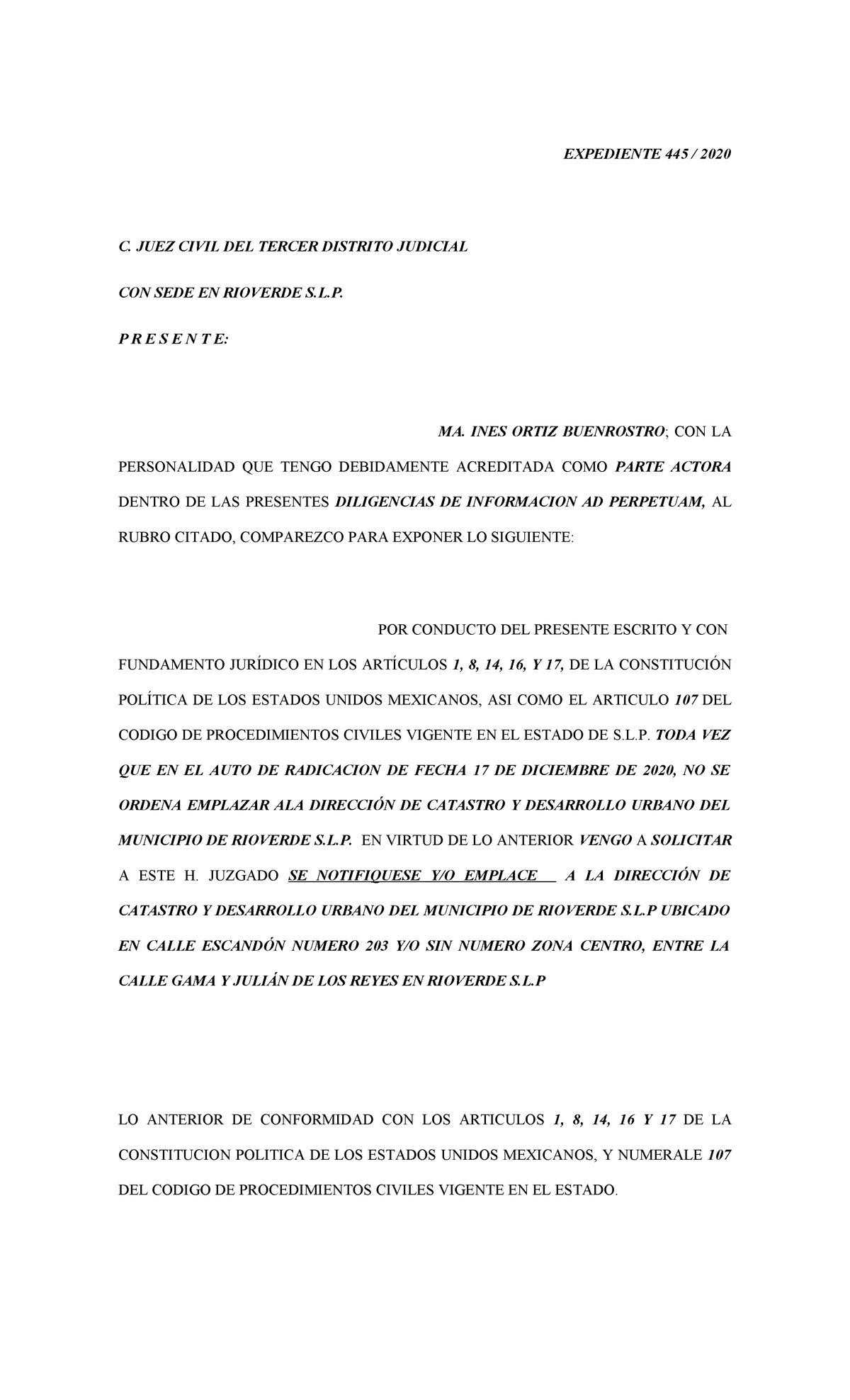 INSTITUTO REGISTRAL Y CATASTRAL PENAL - EXPEDIENTE 445 / 2020 C. JUEZ ...