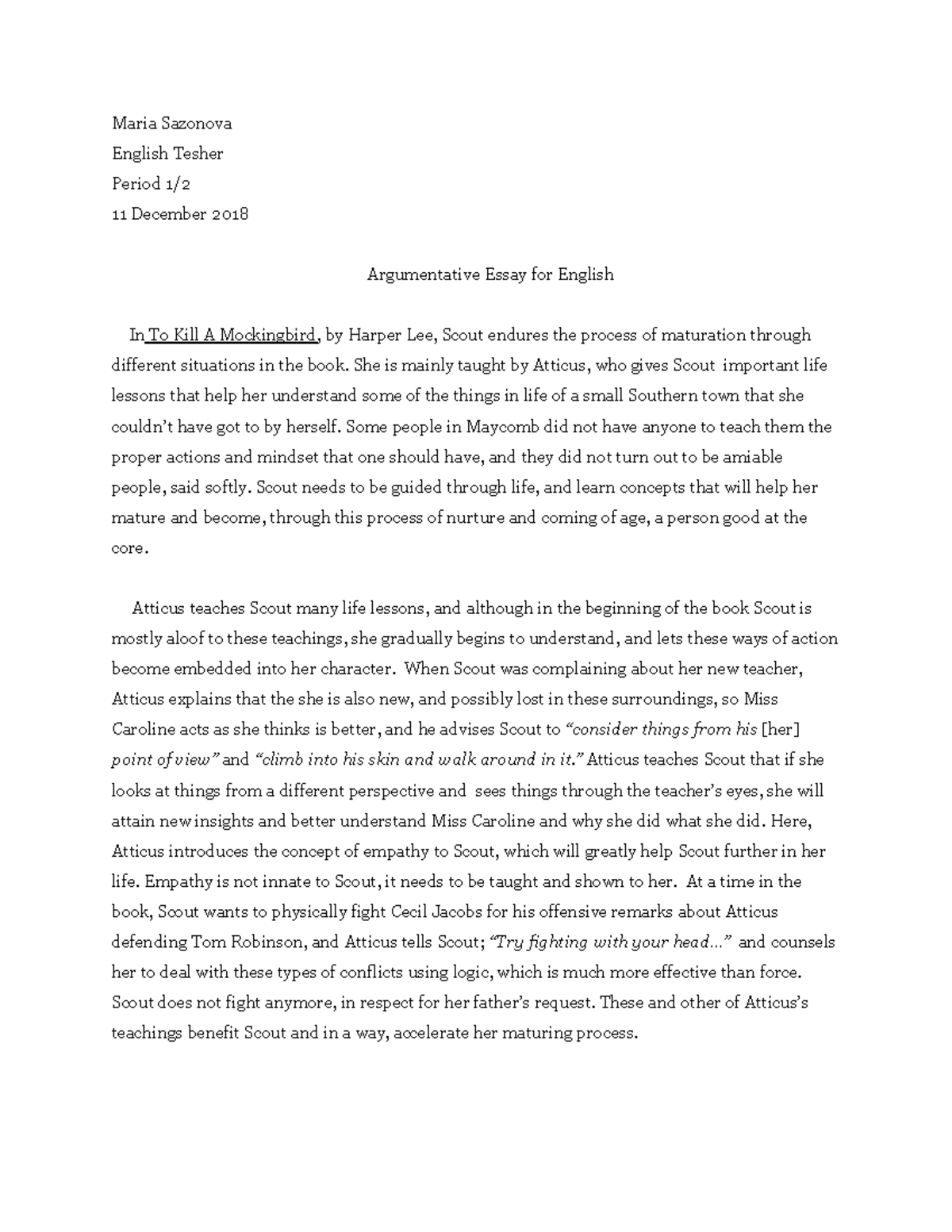 Argumentative Essay on Maturation in To Kill A Mockingbird - Studocu