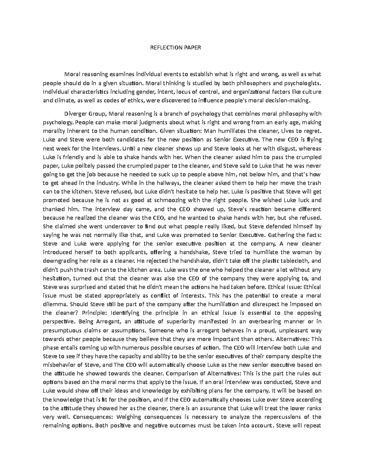 Moral reasoning - mmmm - REFLECTION PAPER Moral reasoning examines ...