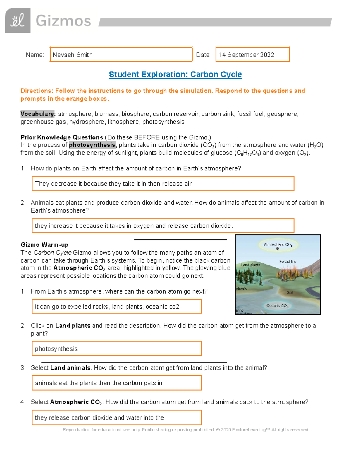 Carbon Cycle SE - Name: Nevaeh Smith Date: 14 September 2022 Student ...