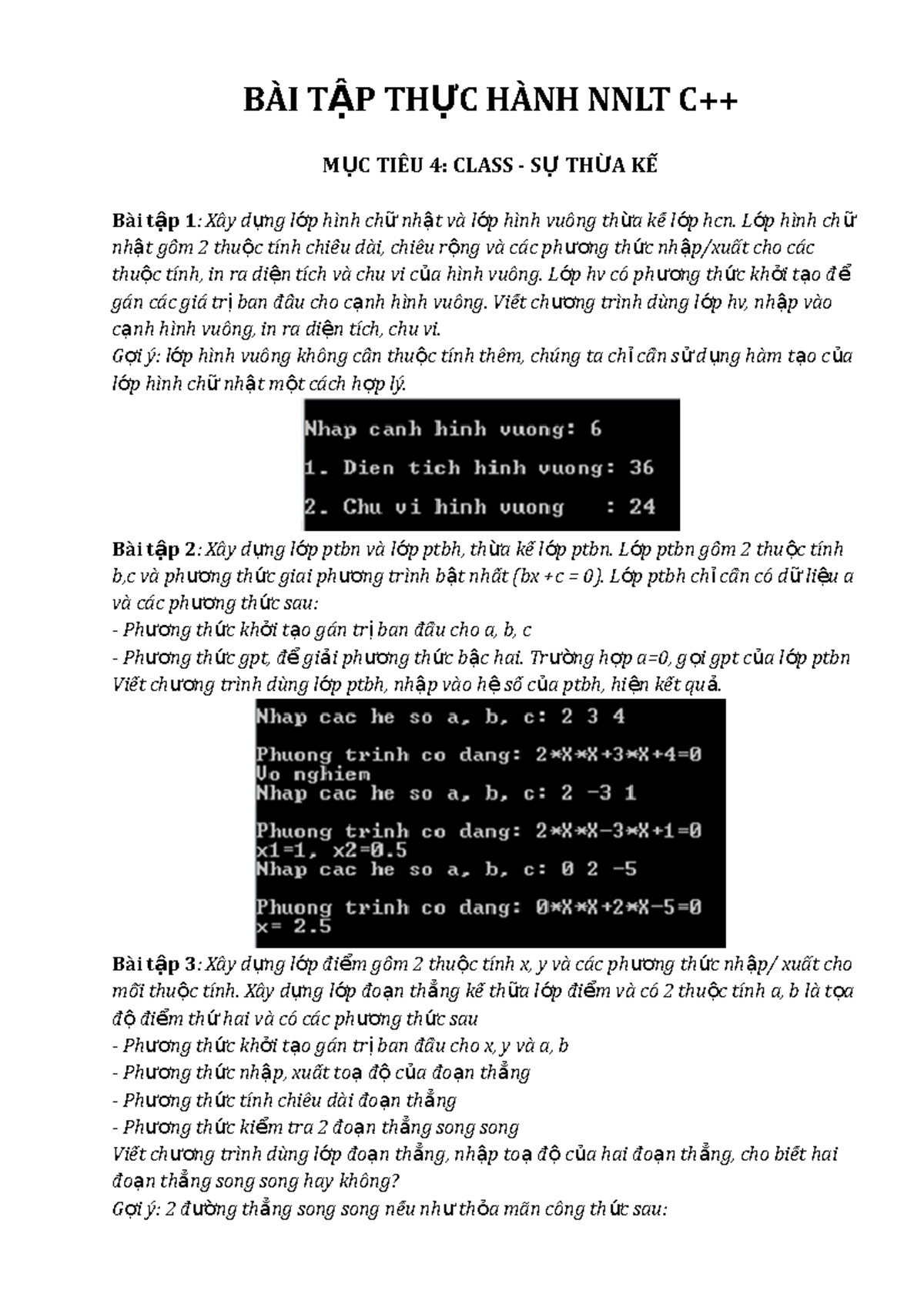Bai th c hanh bu i 4 - bai tap moi - BÀI T ẬP TH ỰC HÀNH NNLT C++ M ỤC TIÊU 4: CLASS - S Ự TH ỪA ...