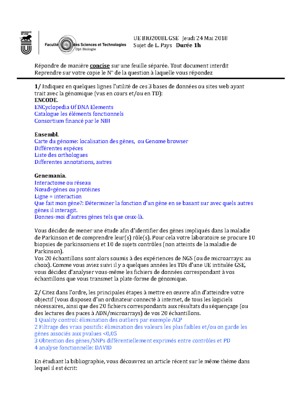 Exam GSE 2018 Corrigé - UE BIO2008L GSE Jeudi 24 Mai 2018 Sujet de L ...