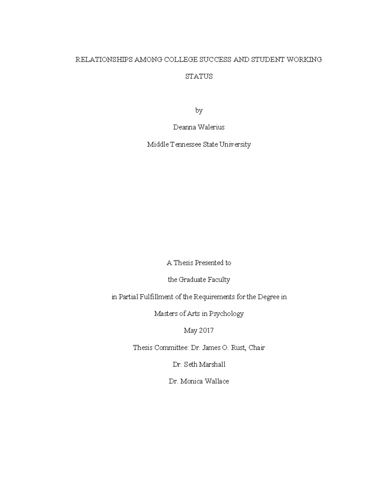 Walerius mtsu 0170N 10800 - ####### RELATIONSHIPS AMONG COLLEGE SUCCESS ...