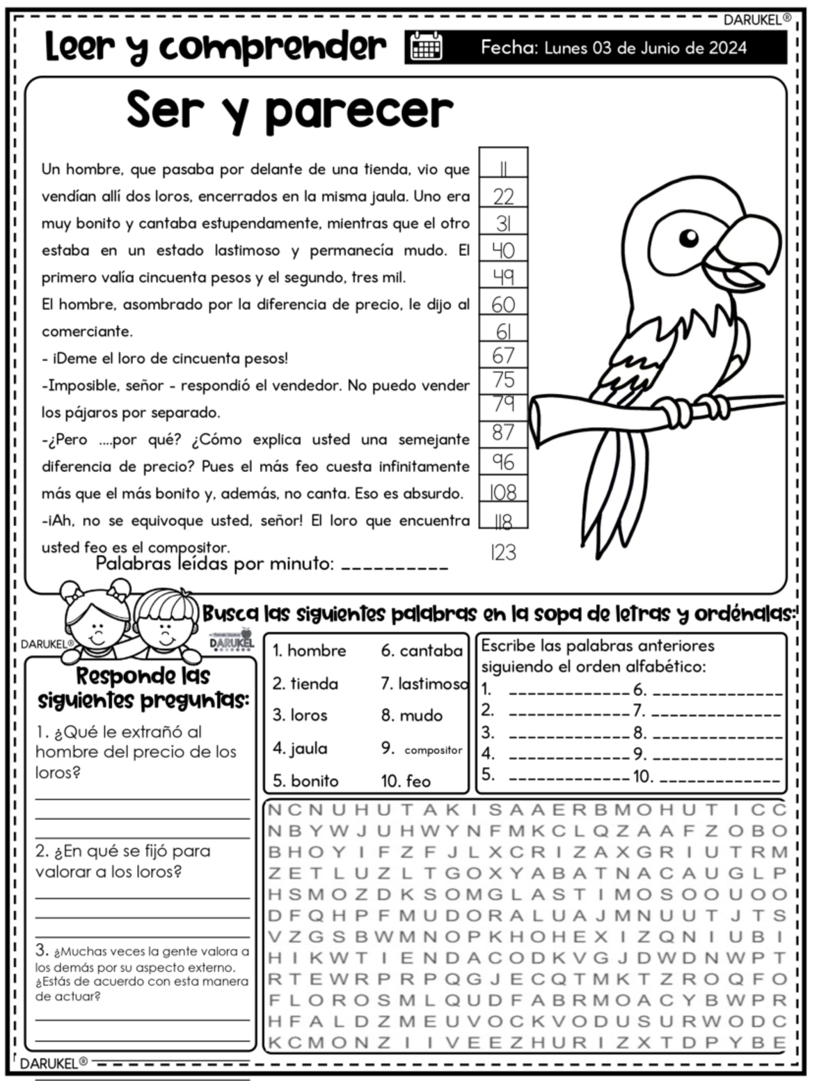 🦄💫4° JUN1 Saberes BÁ Sicos Darukel Parte 1 23-24 - DARUKEL R Leer y comprender Fecha: Lunes 03 ...