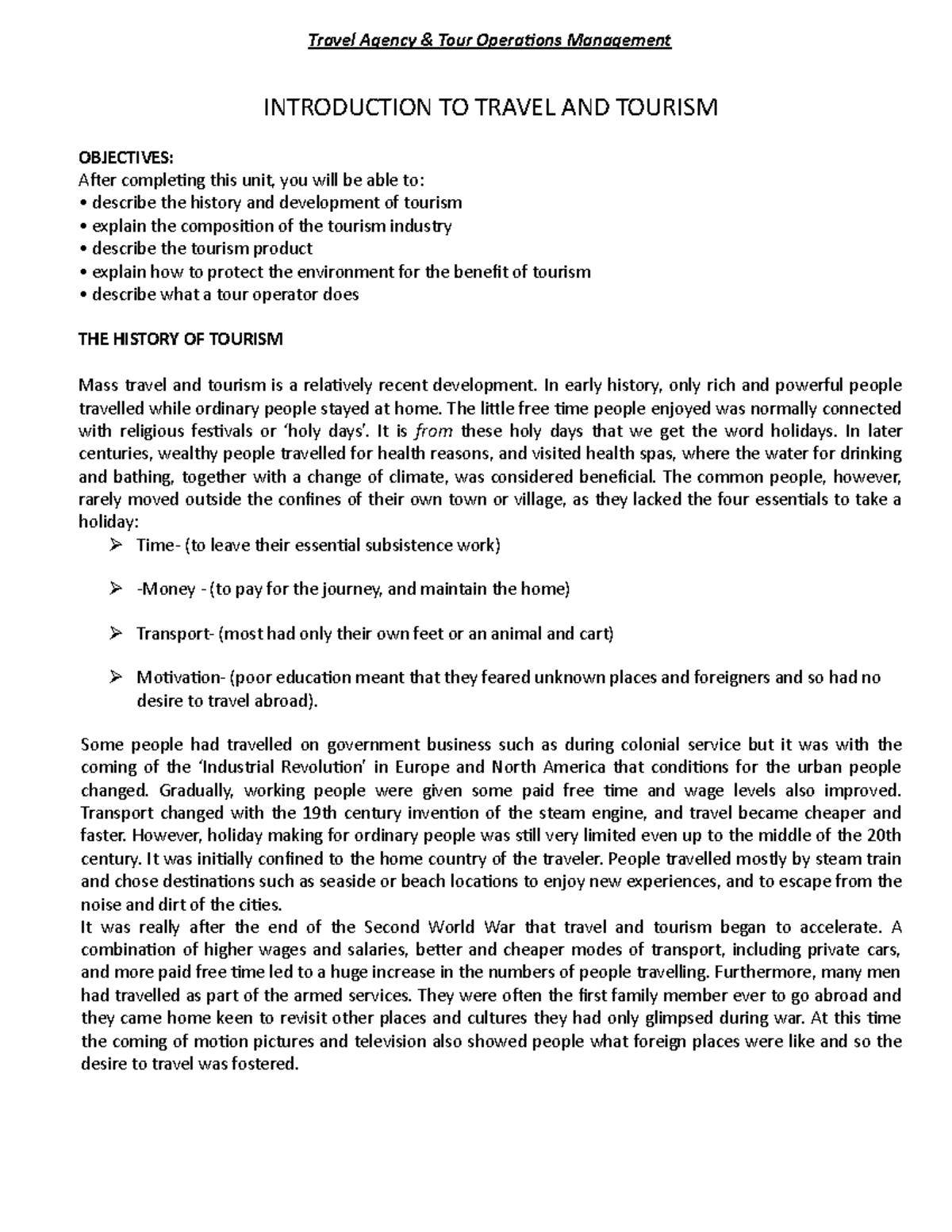 Knowledge UNIT 1-Intro to Tourism and Travel - INTRODUCTION TO TRAVEL ...