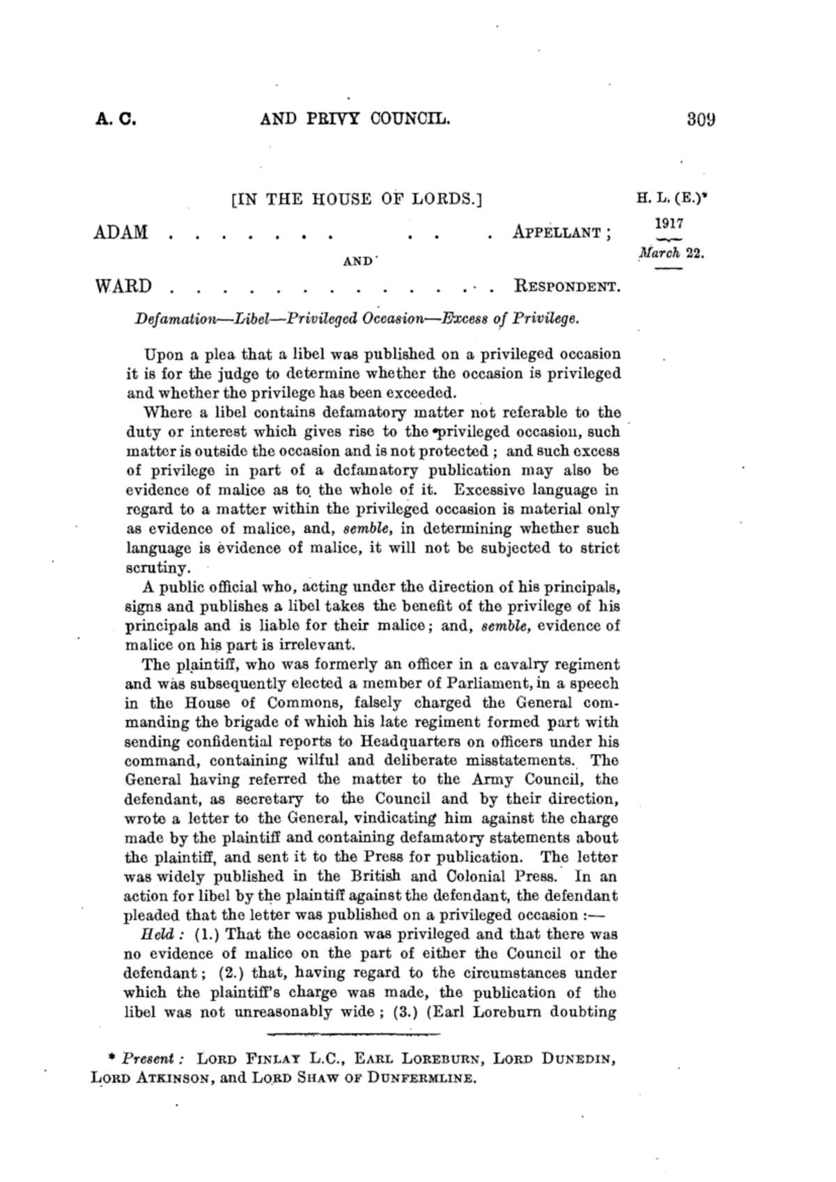Adam v Ward Defamation - ####### A. AND PRIVY COUNCIL. [IN THE HOUSE OF ...