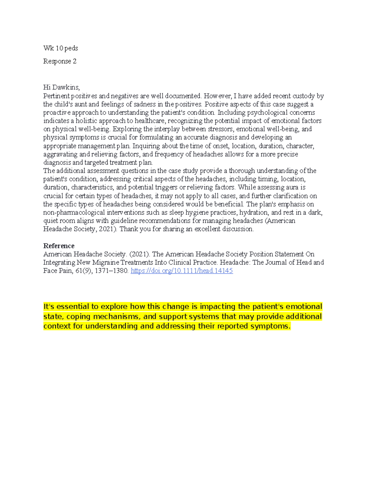 Wk 10 peds response 2 - Discussion notes - Wk 10 peds Response 2 Hi ...