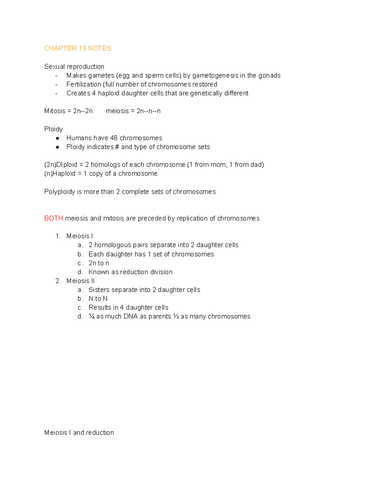 Chapter 13 Notes biology - CHAPTER 13 NOTES Sexual reproduction - Makes ...
