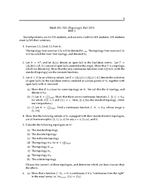 HW5 - Homework assignment 5 - 1 Math 431/531 (Topology), Fall 2015 HW 5 ...