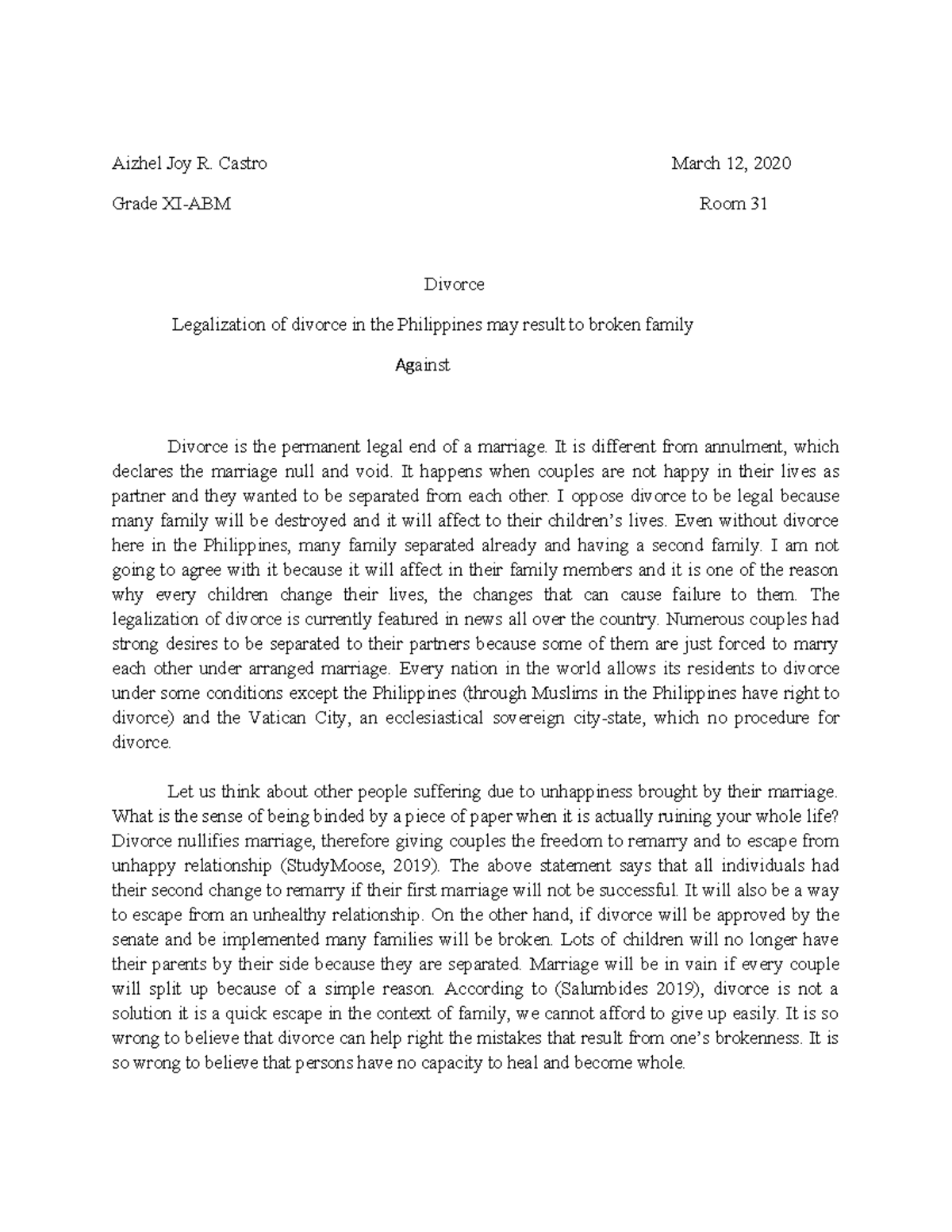 Position Paper - NONE - Aizhel Joy R. Castro March 12, 2020 Grade XI ...
