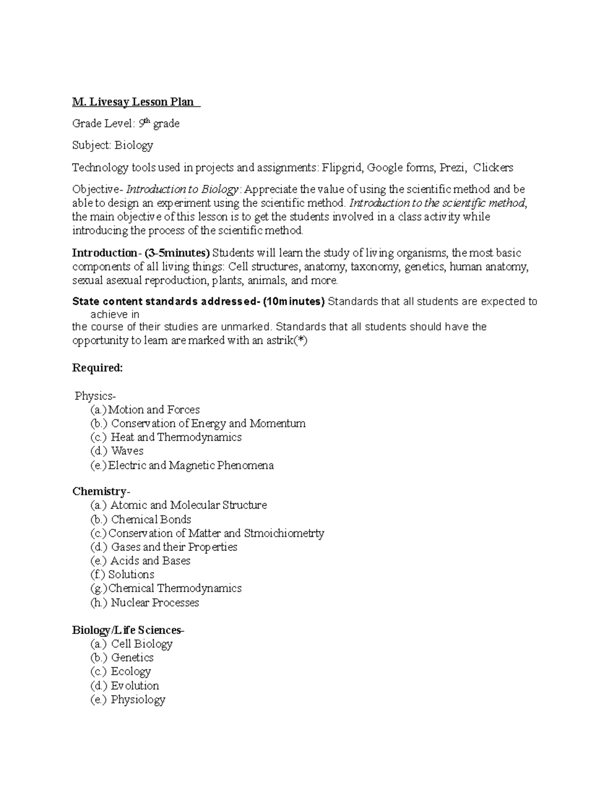 Melissa Lesson Plan Biology week 6 - M. Livesay Lesson Plan Grade Level ...