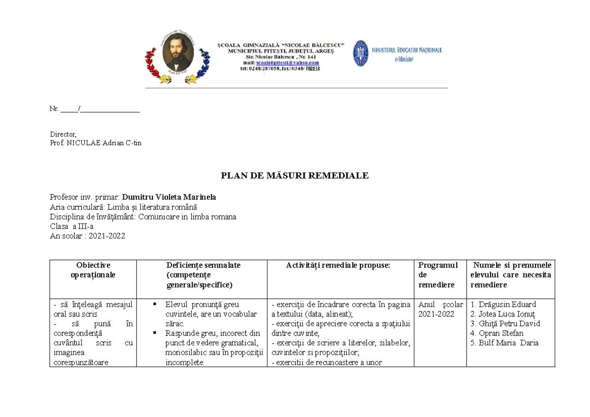 Dremediale cls 3 - ... - Nr. /____________ Director, Prof. NICULAE ...