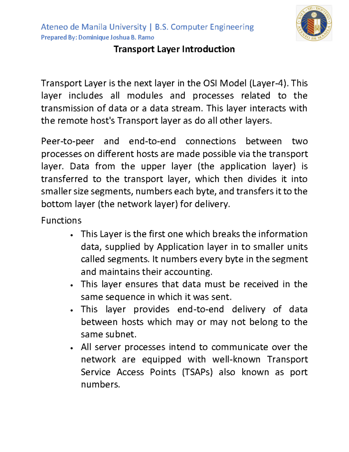 Study Guide - Transport Layer Introduction - Prepared By: Dominique ...