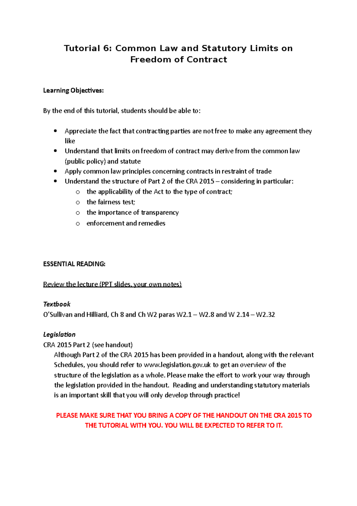 Tutorial 6- terms II - Tutorial 6: Common Law and Statutory Limits on ...