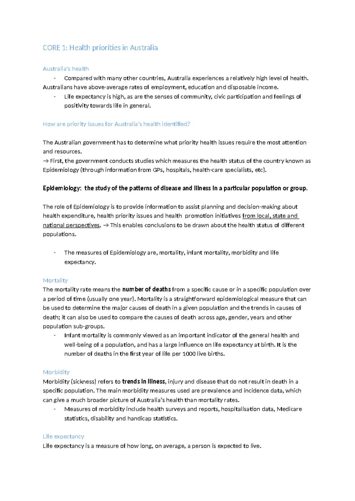 HSC core 1 pdhpe notes - health priorities - CORE 1: Health priorities ...