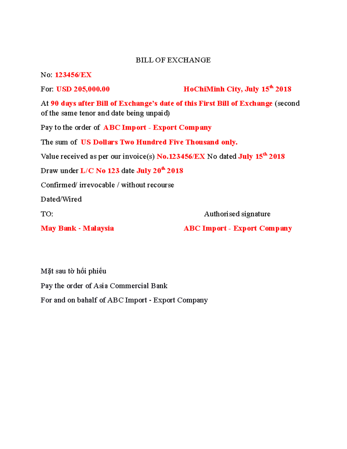 BILL OF Exchange - TTQT - BILL OF EXCHANGE No: 123456/EX For: USD ...