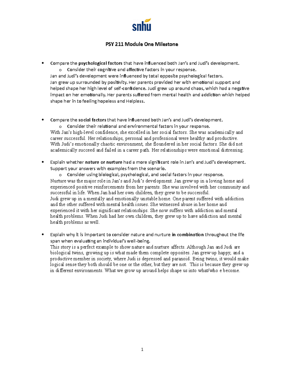 Module One Milestone Template - PSY 211 Module One Milestone Compare ...