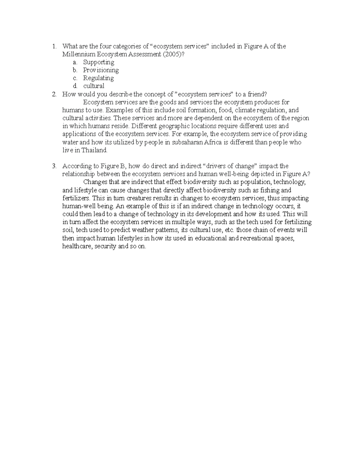 Ecosystems - Supporting b. Provisioning c. Regulating d. cultural How ...