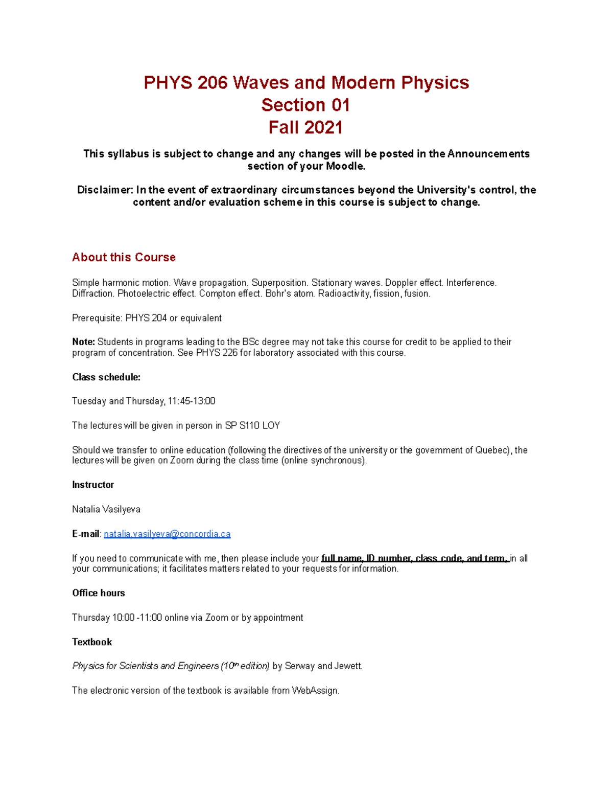 PHYS 206 F2021 outline - PHYS 206 - Concordia - Studocu