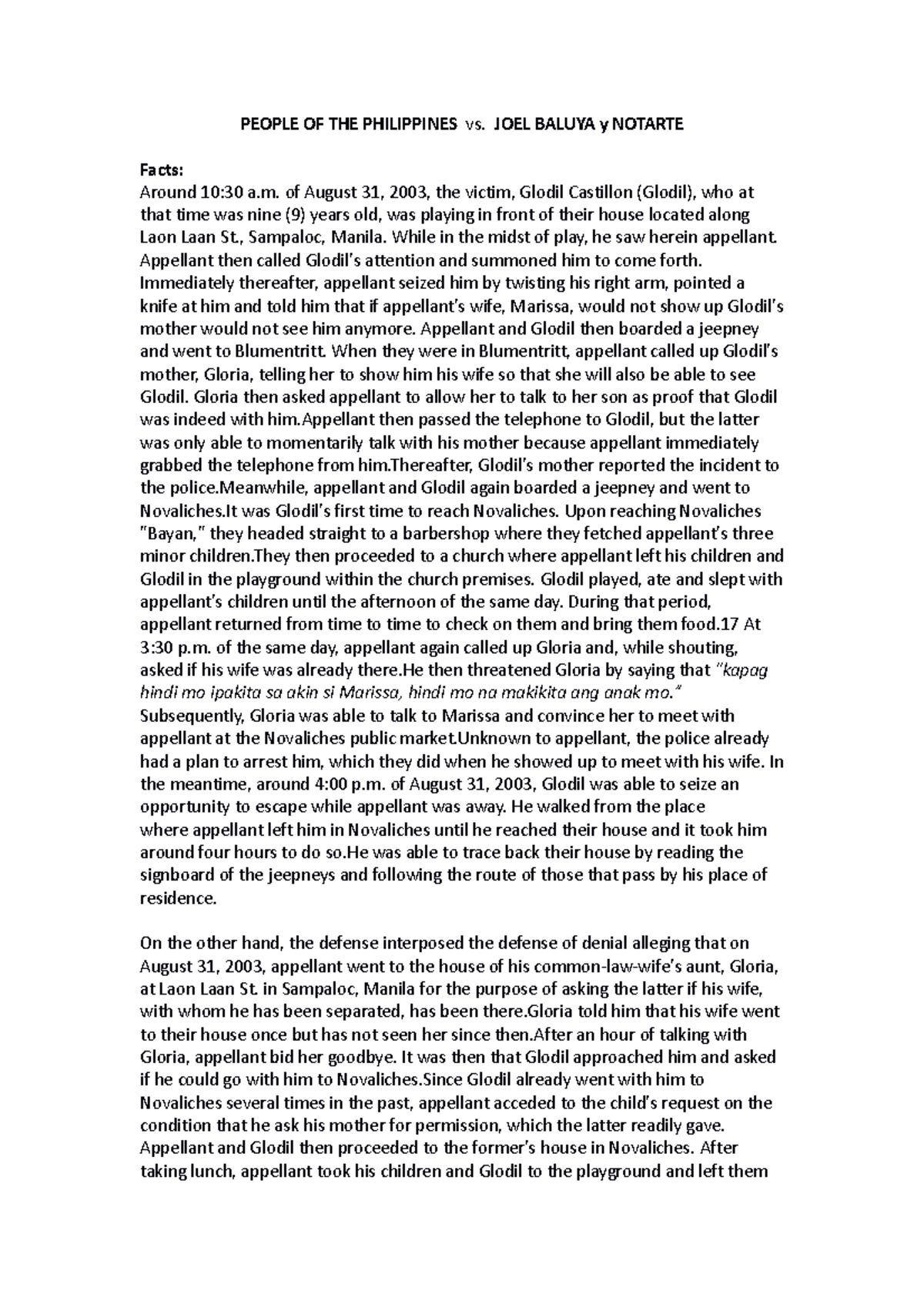 CASE Digest People VS Baluya - PEOPLE OF THE PHILIPPINES vs. JOEL ...