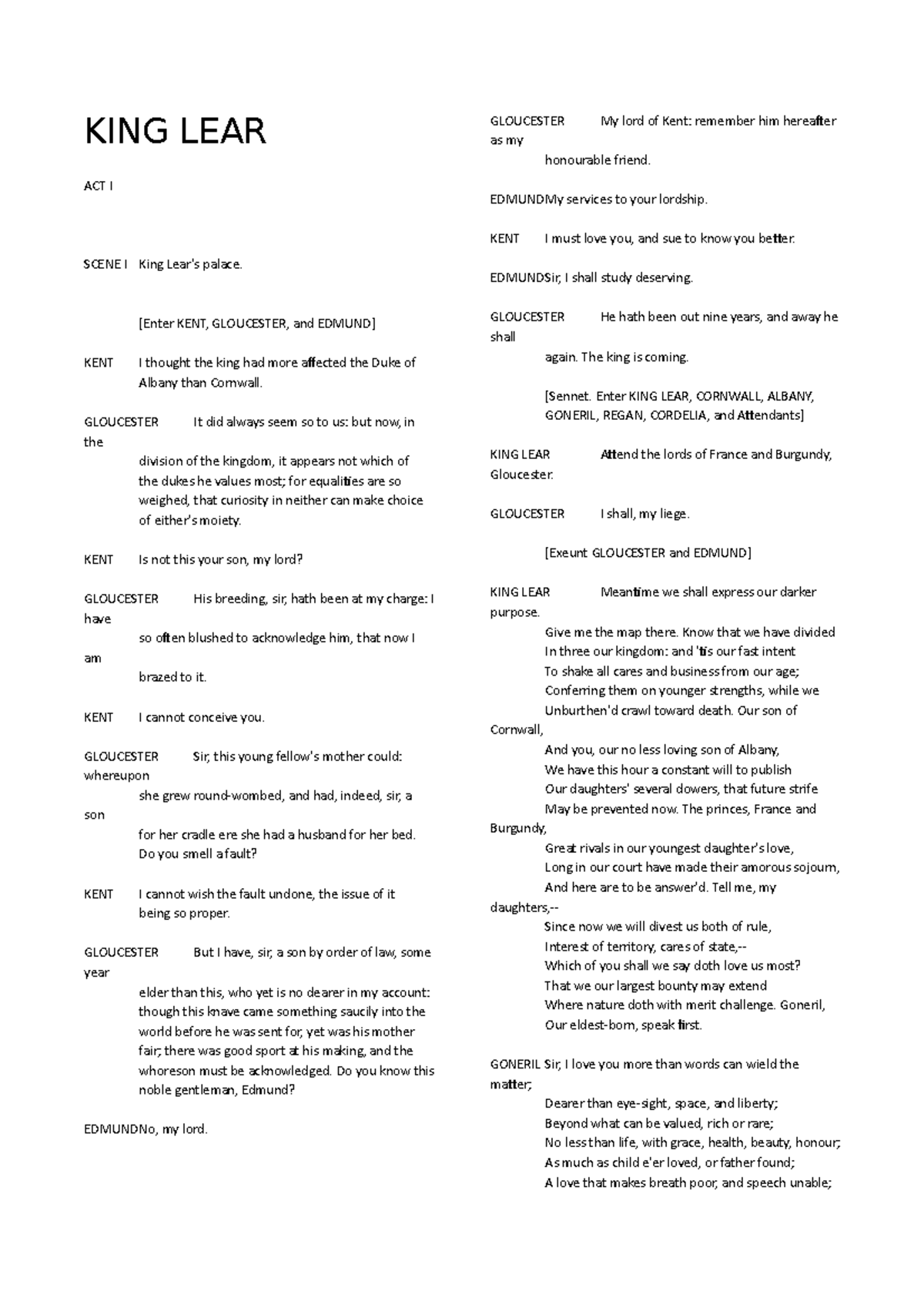 KING LEAR - obra king lear - KING LEAR ACT I SCENE I King Lear's palace ...