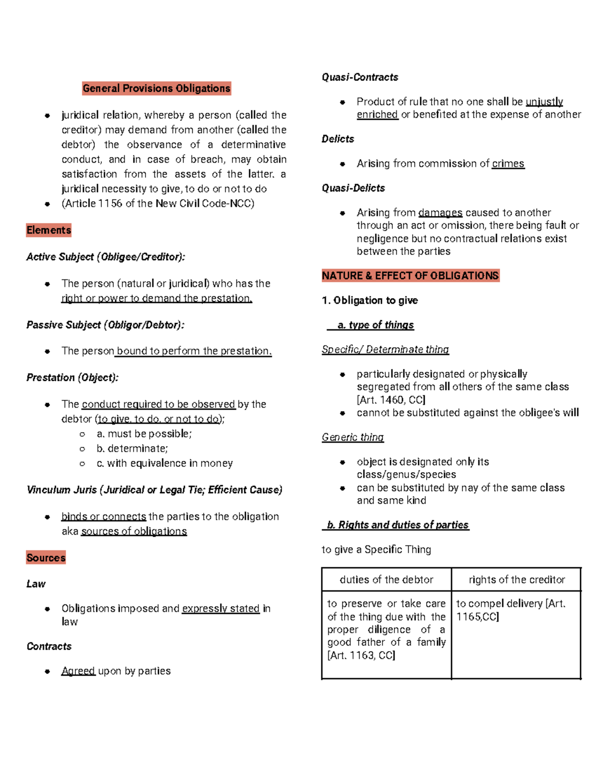 OBLI-CON - NOTES - General Provisions Obligations juridical relation ...