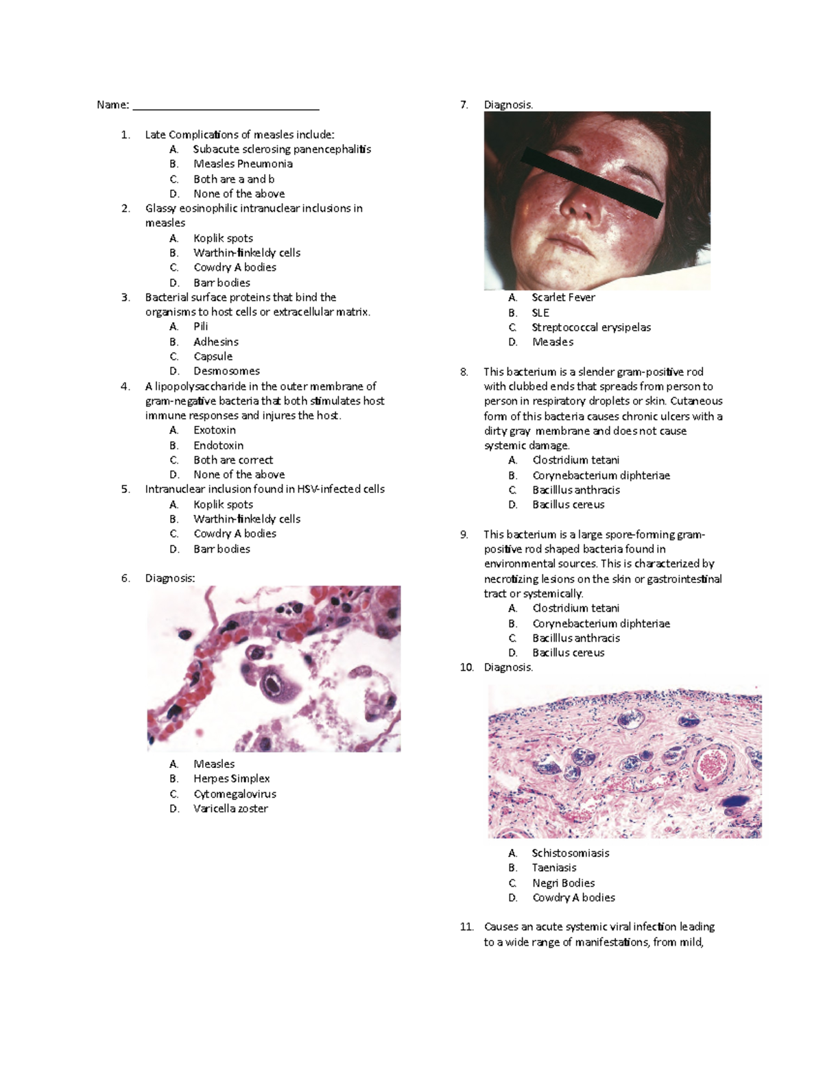 Exit exam Pathology infectious disease - Name ...