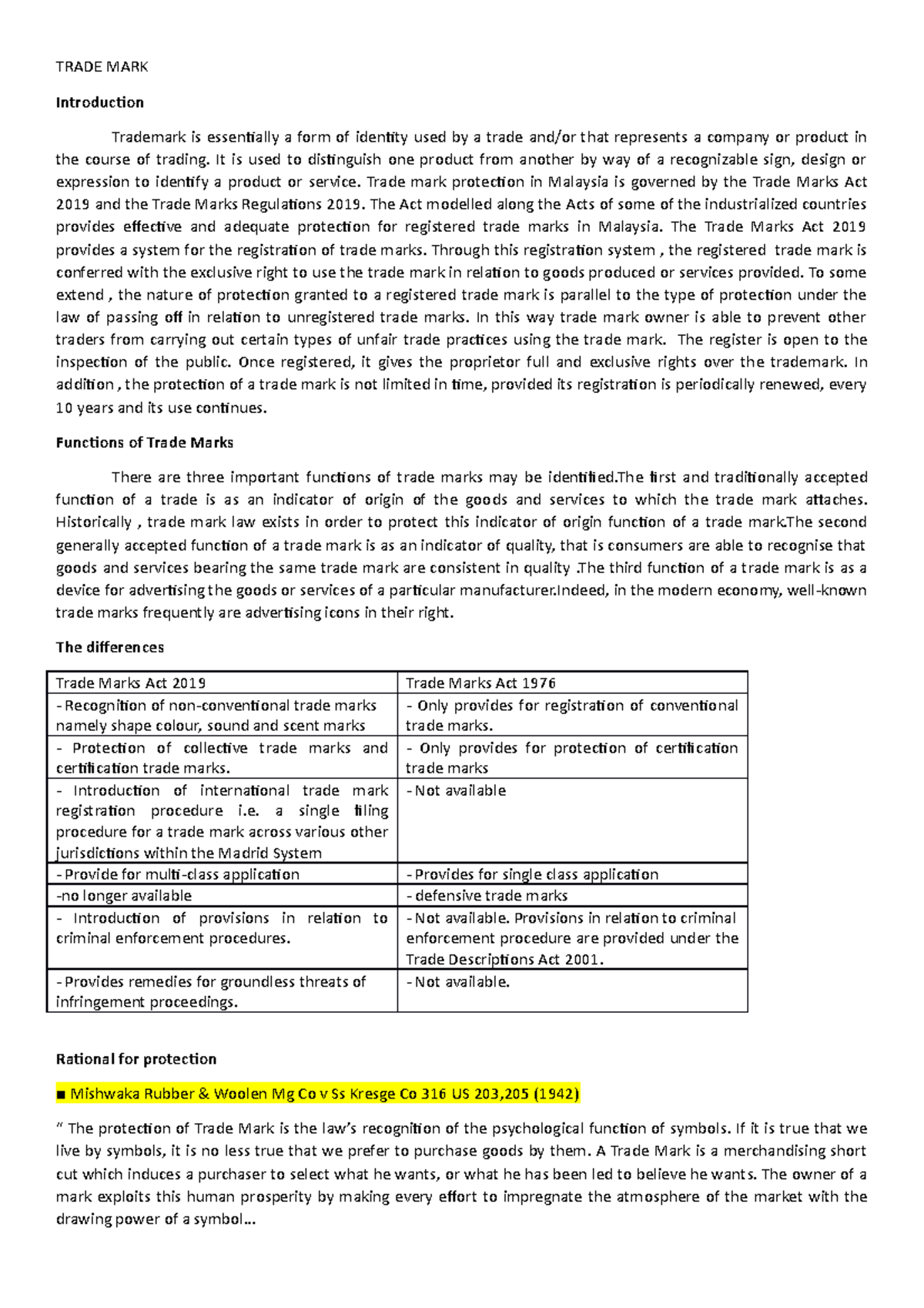 Trademark topic notes - TRADE MARK Introducion Trademark is essenially ...