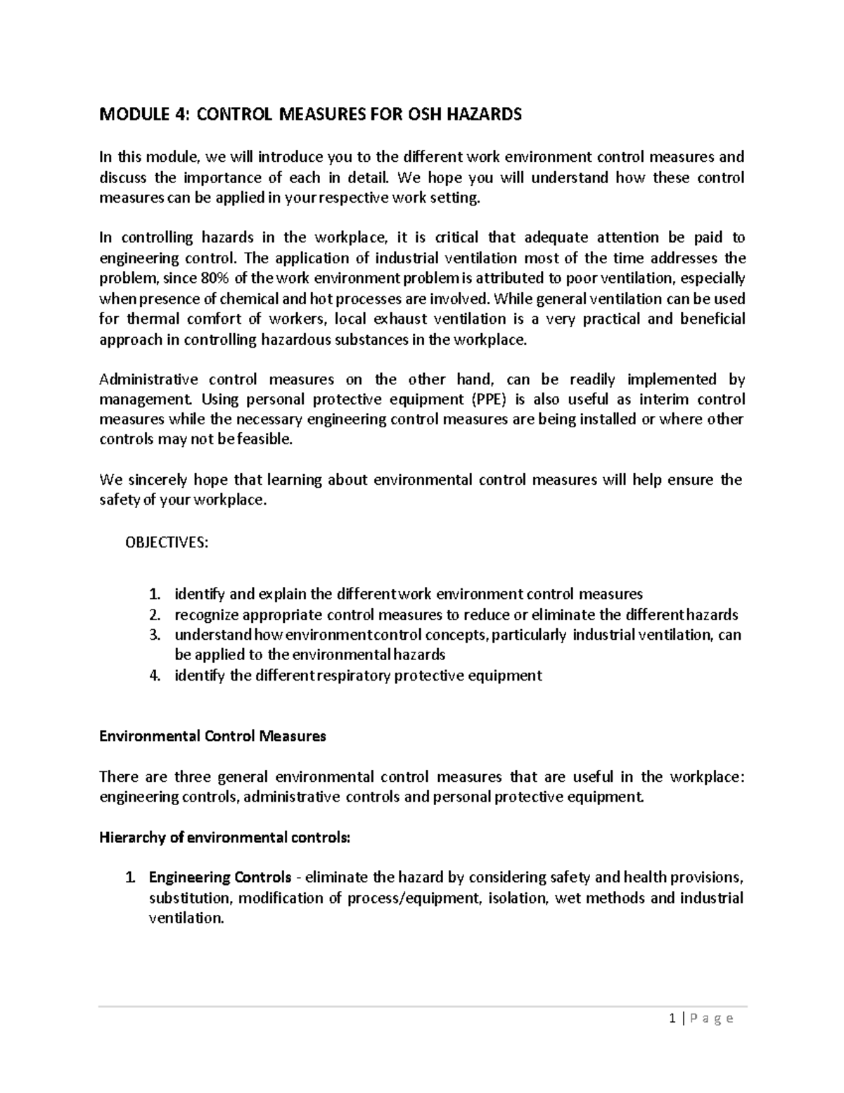 BOSH 1 Module 4 - 4321 - MODULE 4: CONTROL MEASURES FOR OSH HAZARDS In ...