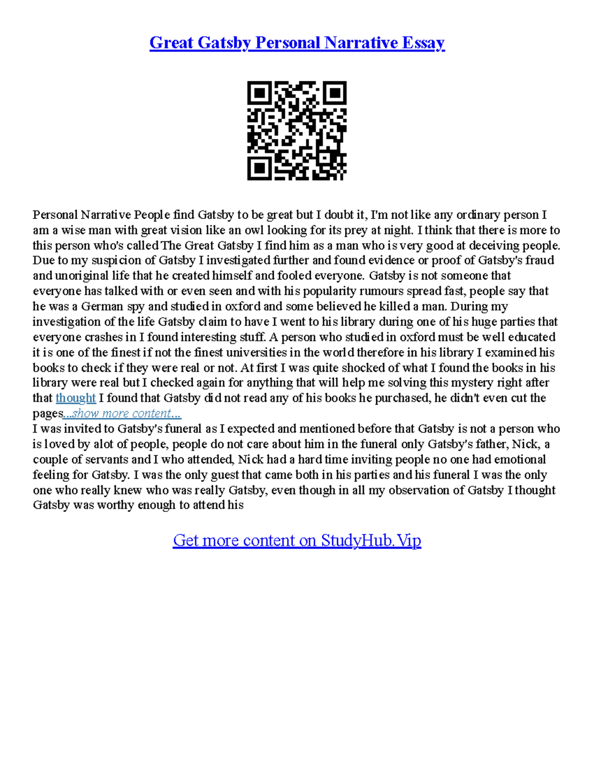 Great Narrative Essays - Great Gatsby Personal Narrative Essay Personal ...
