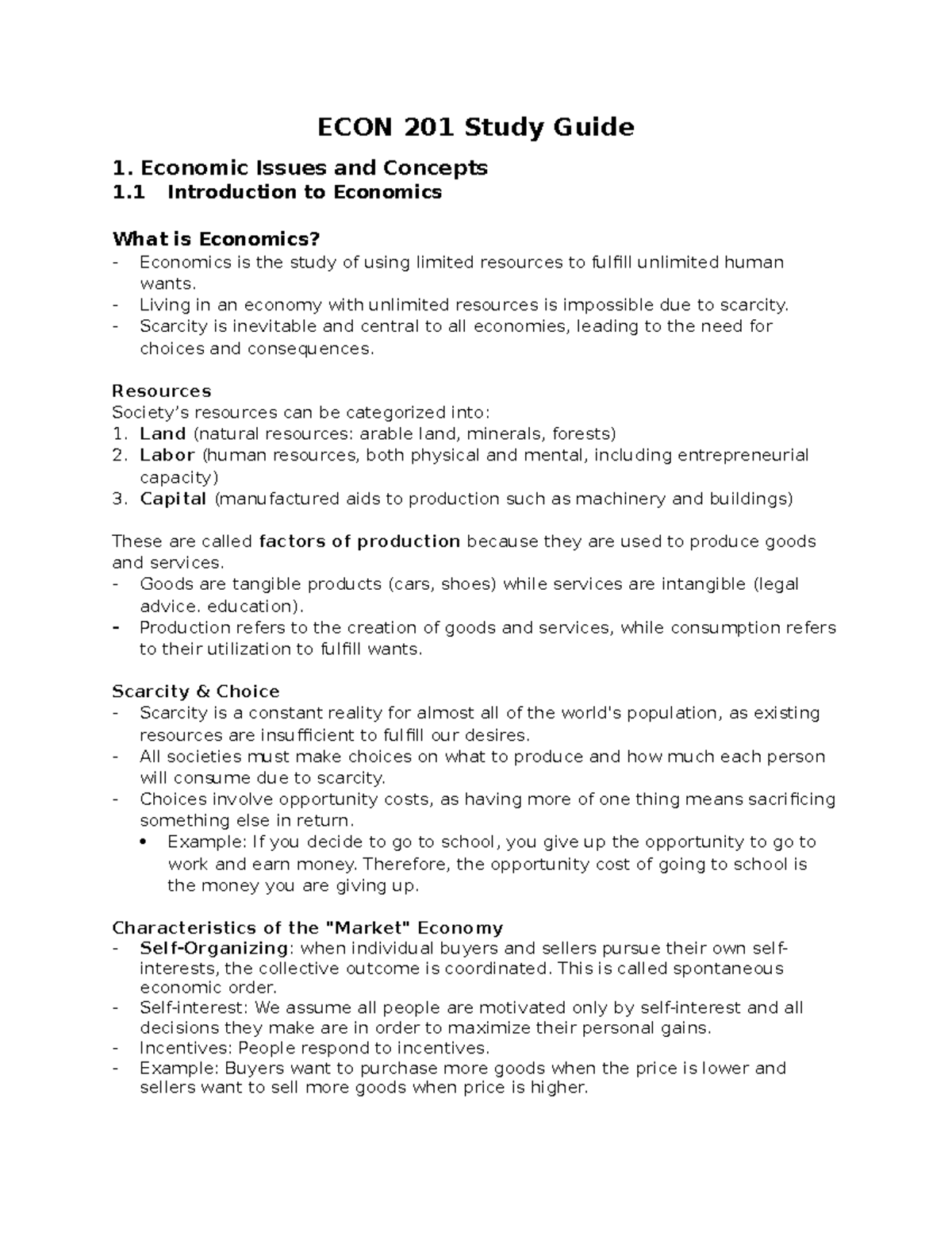 ECON 201 Study Guide - ECON 201 Study Guide 1. Economic Issues and Concepts 1 Introduction to ...