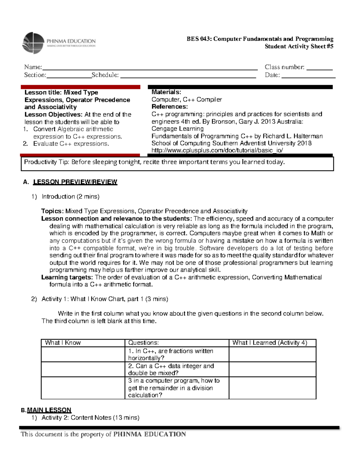 SAS5-BES043 - lecture - Student Activity Sheet # Name: Section ...