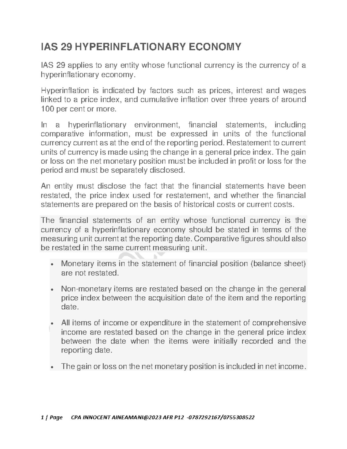 IAS 29 Hyperinflationary Economy - 1 | Page CPA INNOCENT AINEAMANI@2023 ...