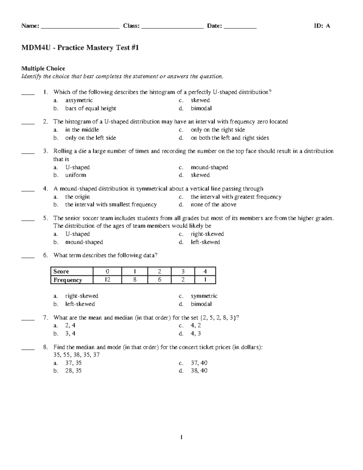 MDM4U PMT1(2011 ) - data managment measure of central tendency - Name