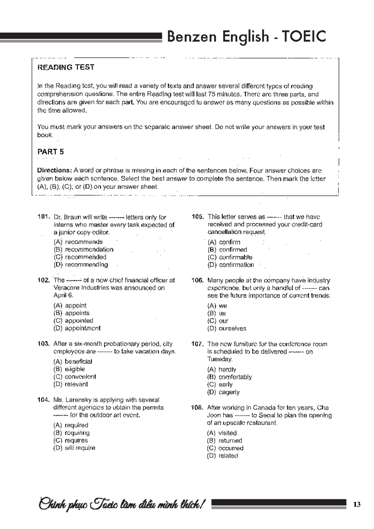 30 câu ôn Toeic 550 cấp tốc 4 - English - Benzen English - TOEIC 13 BenzenEnglish - Studocu