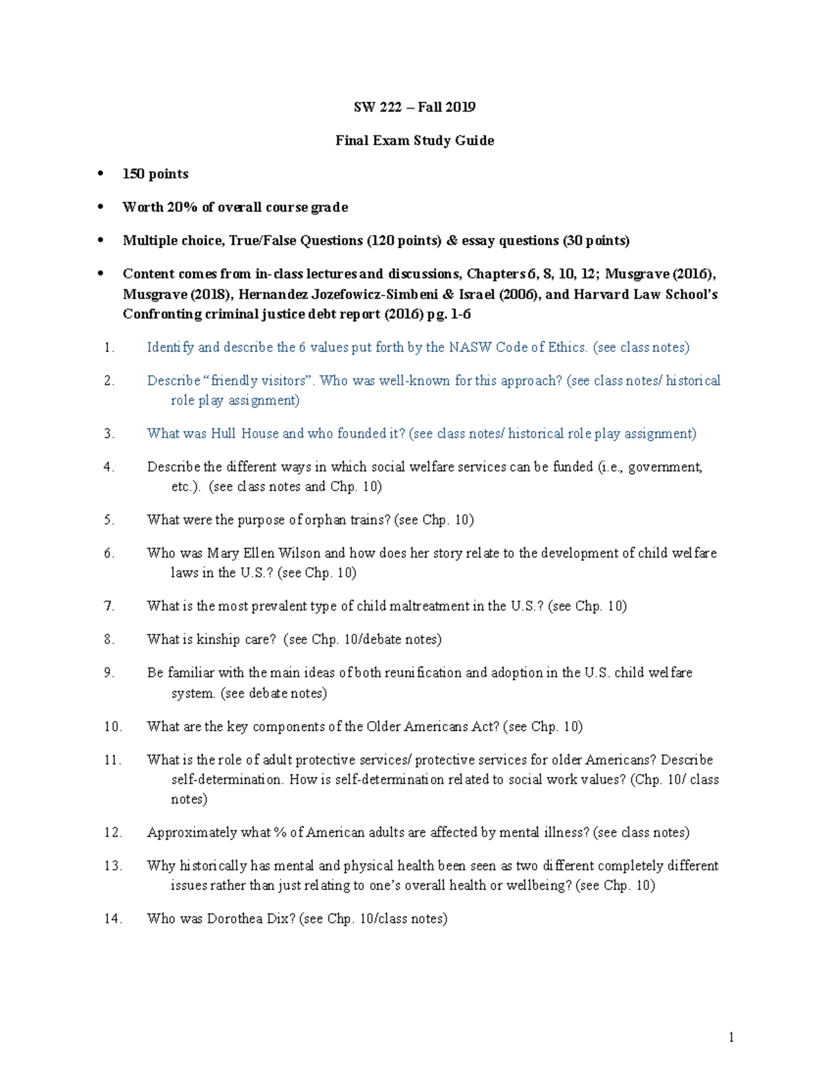 SW+222+Final+Exam+Study+Guide+Fall+2019 - SW 222 – Fall 2019 Final Exam ...