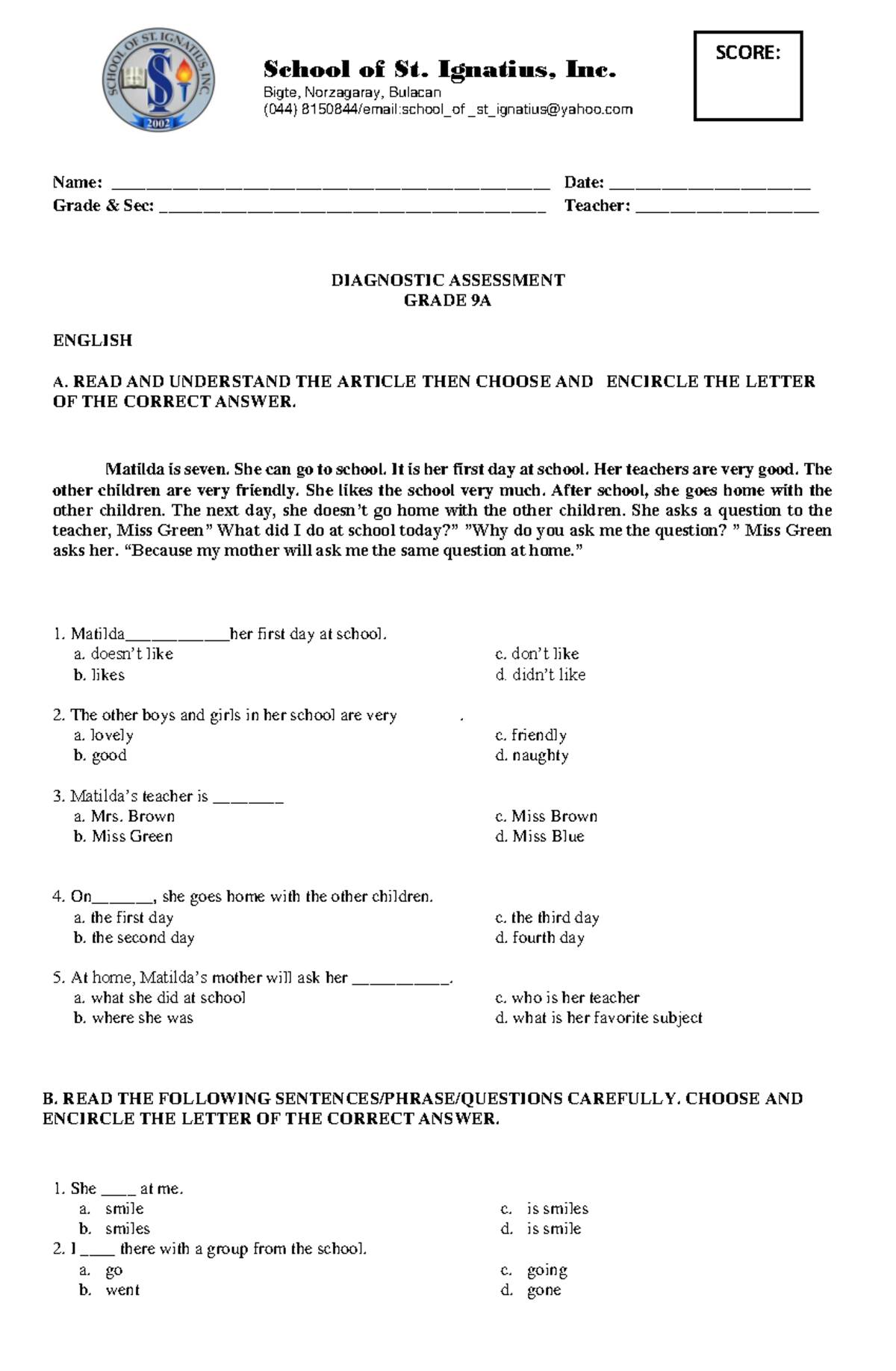 Diagnostic- Grade 9A - School of St. Ignatius, Inc. Bigte, Norzagaray ...